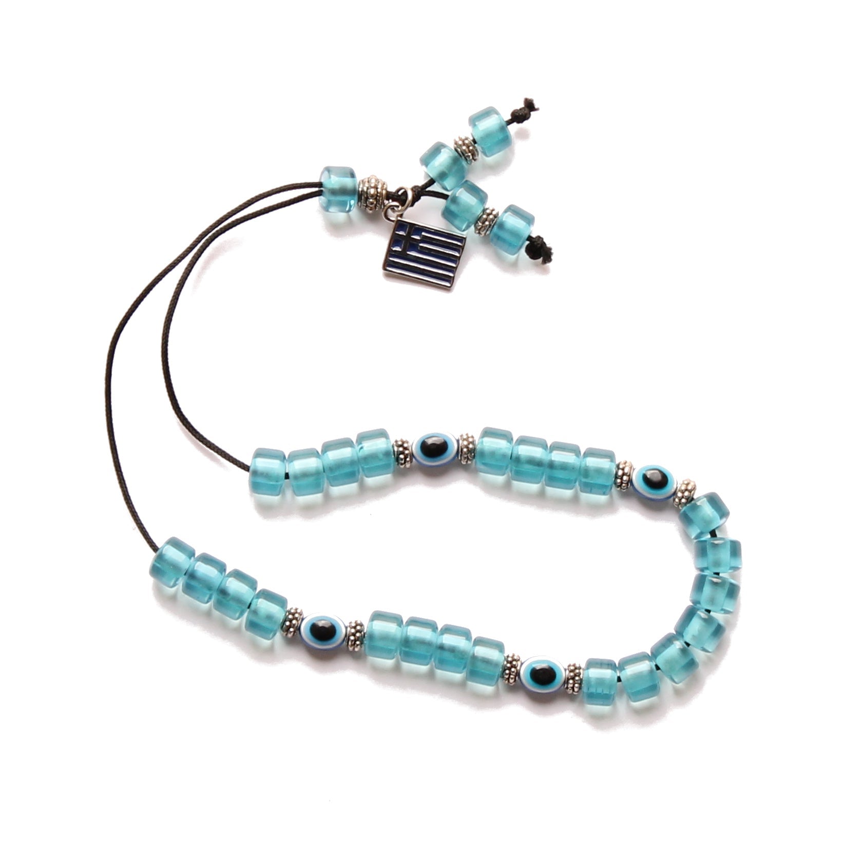 Evil Eye Worry Beads - Transparent Turquoise With Greek Flag Charm - 1 ...